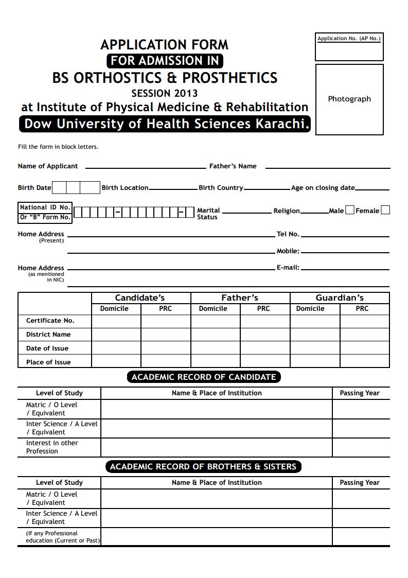 Dow University of Health Sciences Application Form for BS Orthotics ... Dow University of Health Sciences Application Form for BS Orthotics ...